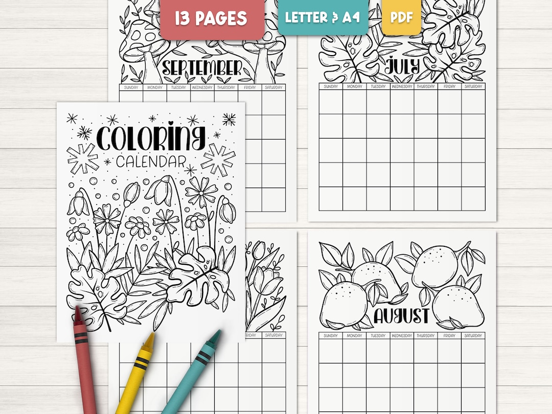 Printable Coloring Calendar for Kids, Undated Planner PDF, Coloring ...