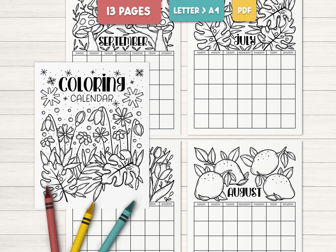 Printable Coloring Calendar for Kids, Undated Planner PDF, Coloring ...