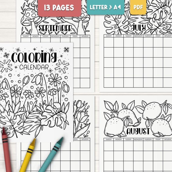 Printable Coloring Calendar for Kids - Etsy