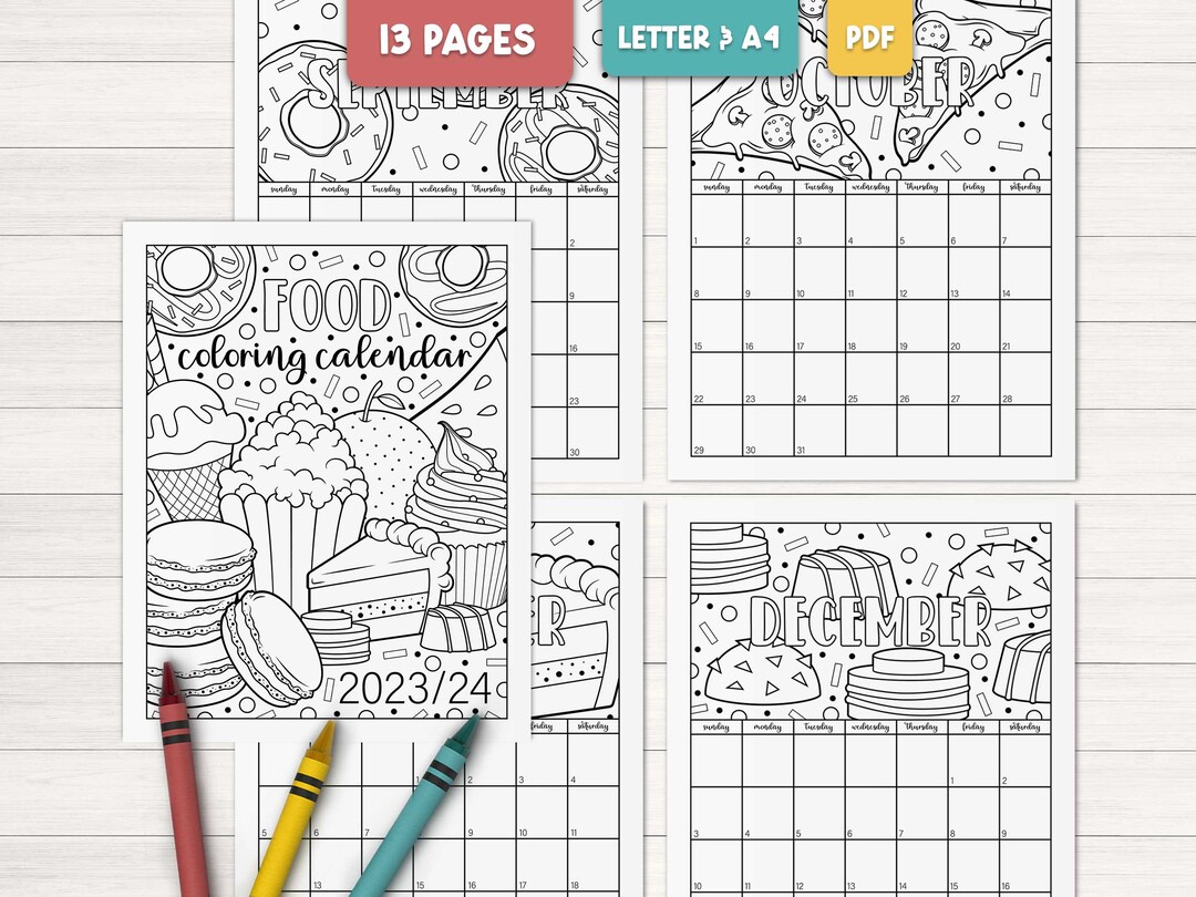 Printable Coloring Calendar 2023-2024 Food Coloring Pages for - Etsy ...
