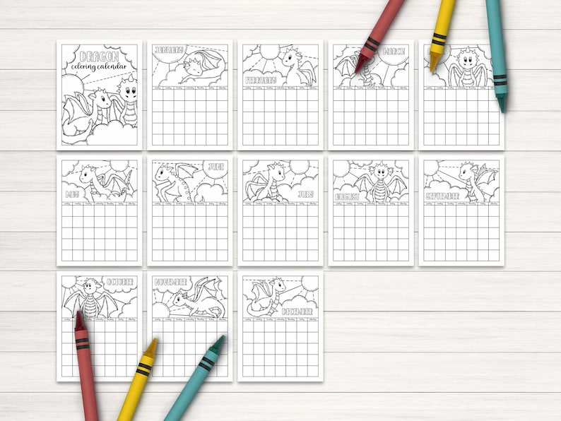 Dragon Coloring Calendar: Undated Monthly Planner (PDF Printable) - Etsy