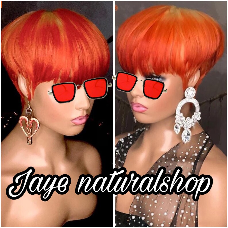 Short Pixie Cut Bob Orange Color Human Hair Wigs No Lace to Cut Wigs ...