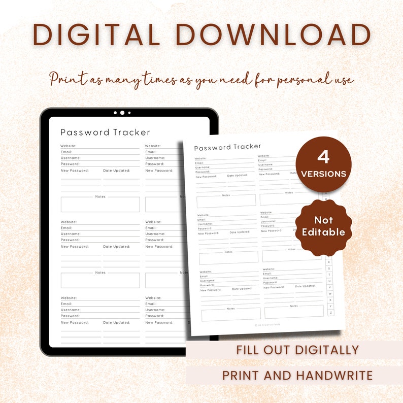 Password Tracker Printable, Password Keeper, Digital Password Organizer ...