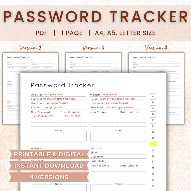 Password Tracker Printable, Password Keeper, Digital Password Organizer, Printable A4/a5/letter ...