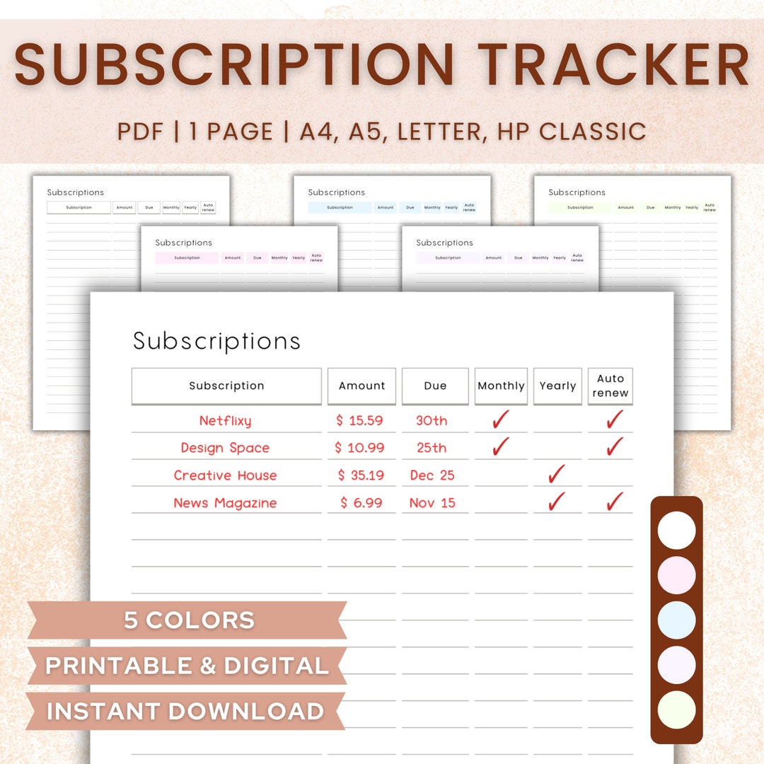 Subscription Tracker Printable, Expense Tracker, Personal Finance, A4 ...