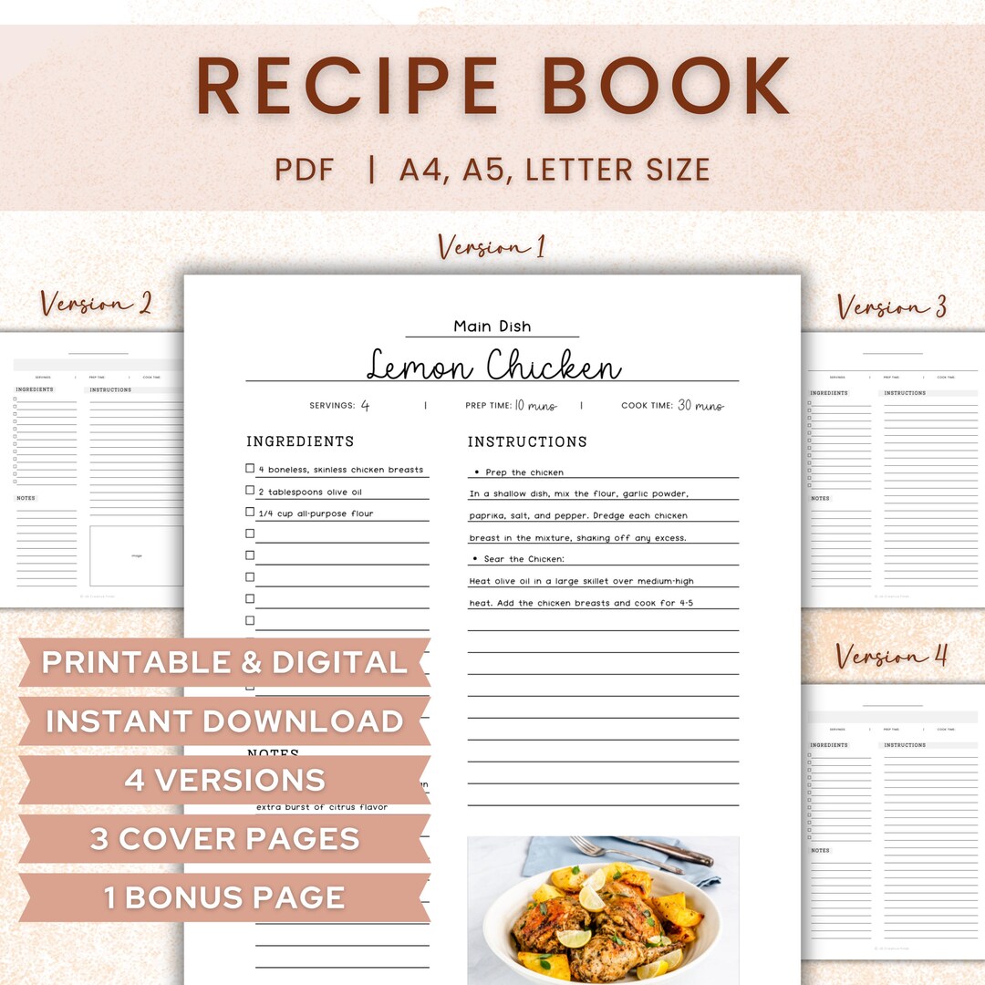 Recipe Book Template Printable, Recipe Binder, Cookbook Journal, Recipe ...