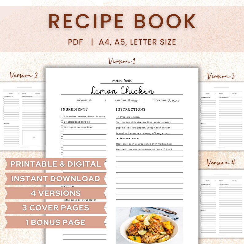 Recipe Book Template Printable, Recipe Binder, Cookbook Journal, Recipe ...