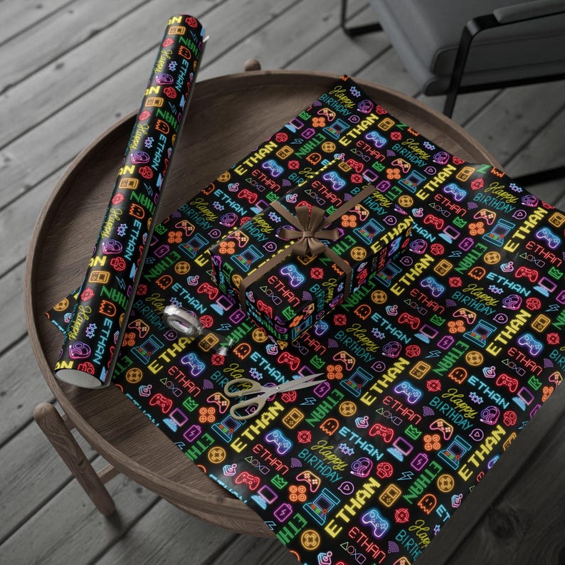 Personalized Neon Video Game Birthday Wrapping Paper, Custom Gamer Gift ...