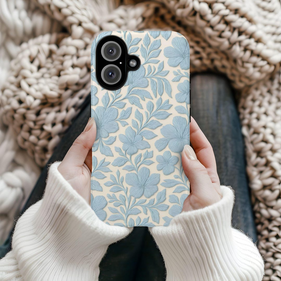 Faux Embroidery Blue Toile Phone Case, Floral Chinoiserie 3D Effect ...