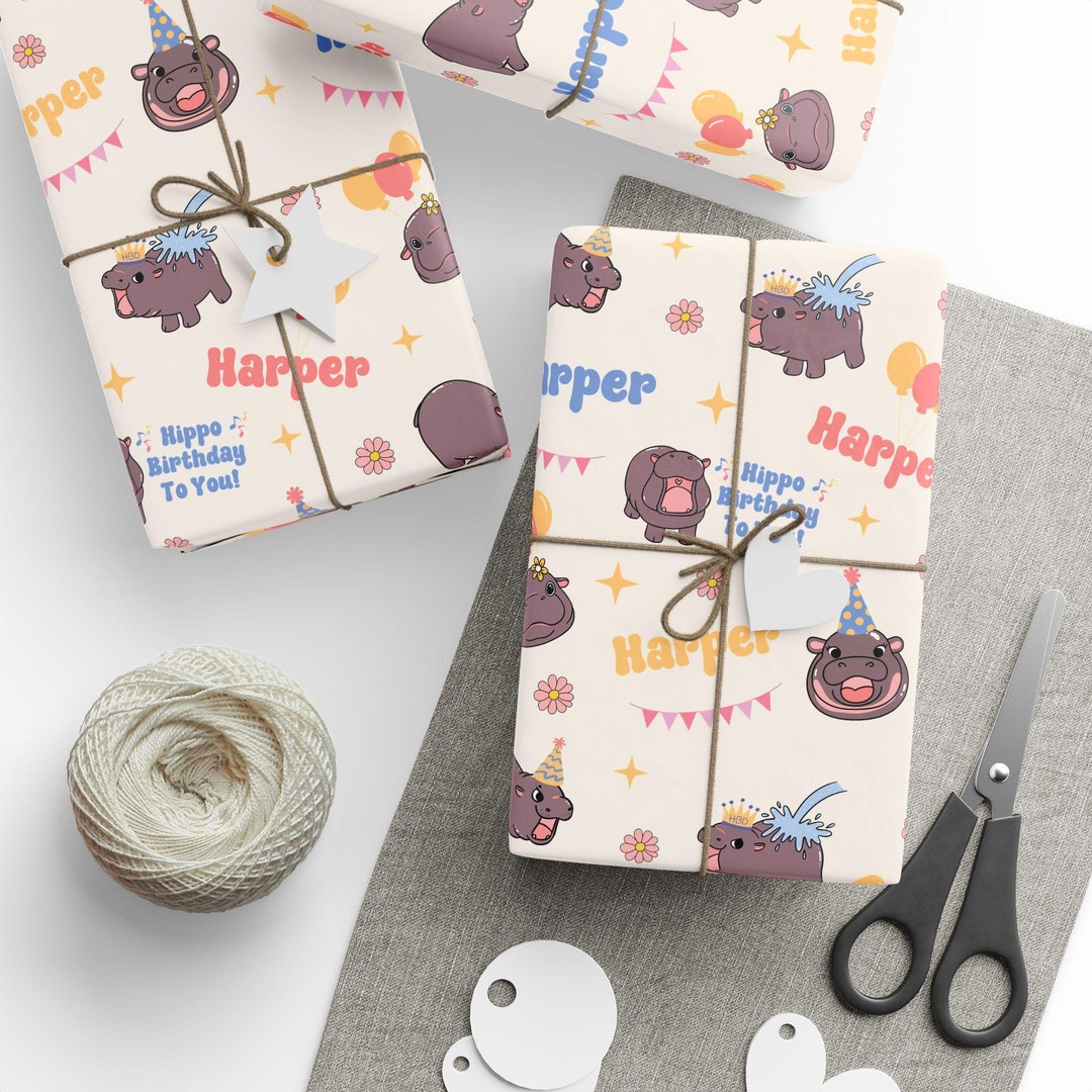 Personalized Moo Deng Birthday Wrapping Paper, Cute Baby Hippo Custom ...