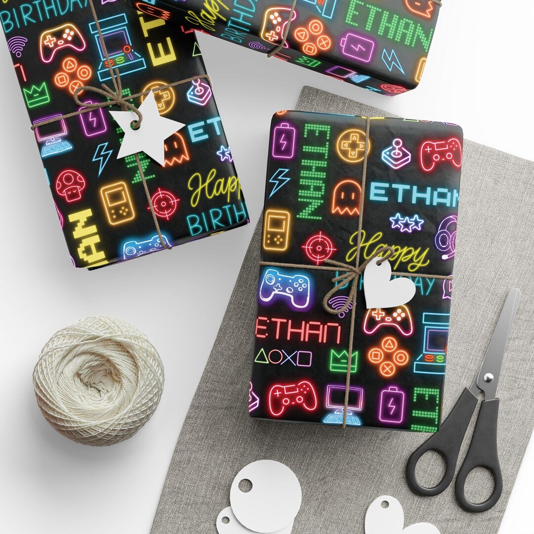 Personalized Neon Video Game Birthday Wrapping Paper, Custom Gamer Gift ...