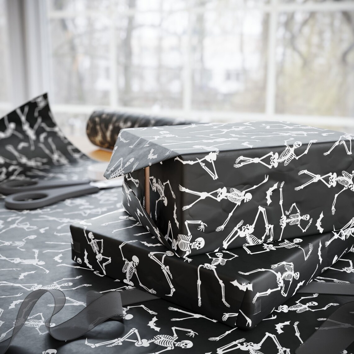 Dancing Skeletons Wrapping Paper Roll, Black Halloween Birthday Gift ...