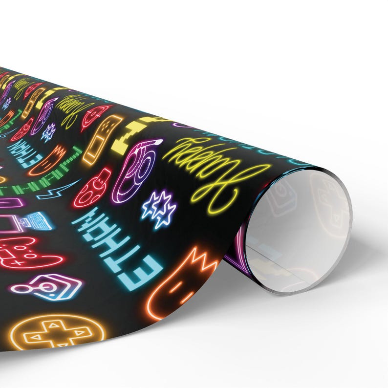 Personalized Neon Video Game Birthday Wrapping Paper, Custom Gamer Gift ...