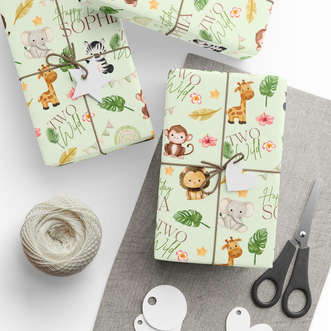 Two Wild Second Birthday Wrapping Paper, Personalized Safari Animal ...