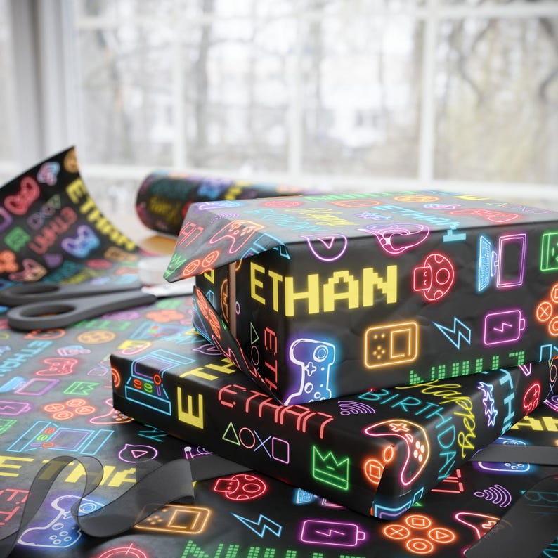 Personalized Neon Video Game Birthday Wrapping Paper, Custom Gamer Gift ...