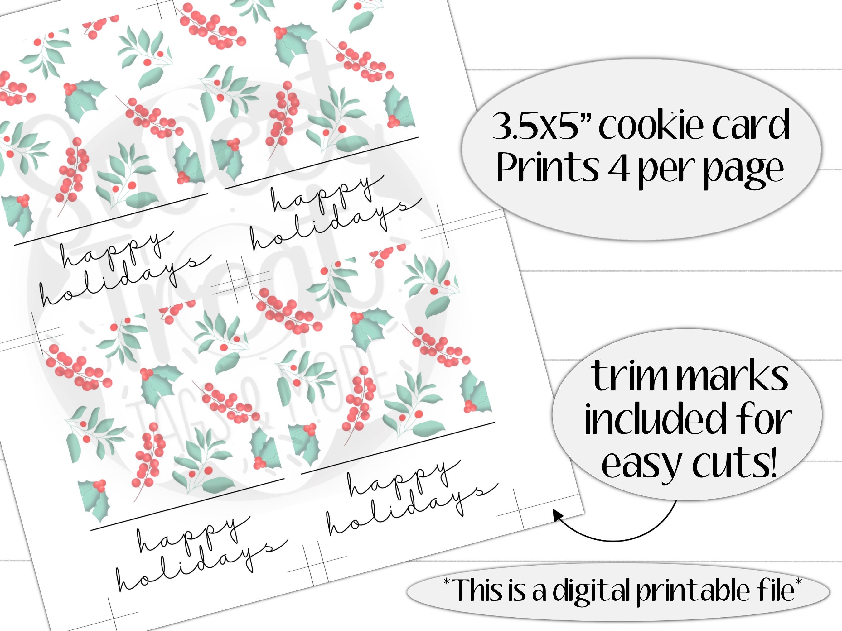 Printable Christmas Cookie Card - Happy Holidays - Winter Greenery - 3 ...