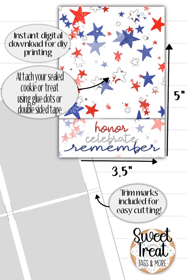 Printable Memorial Day Cookie Card Honor Celebrate Remember 3.5x5 Red ...