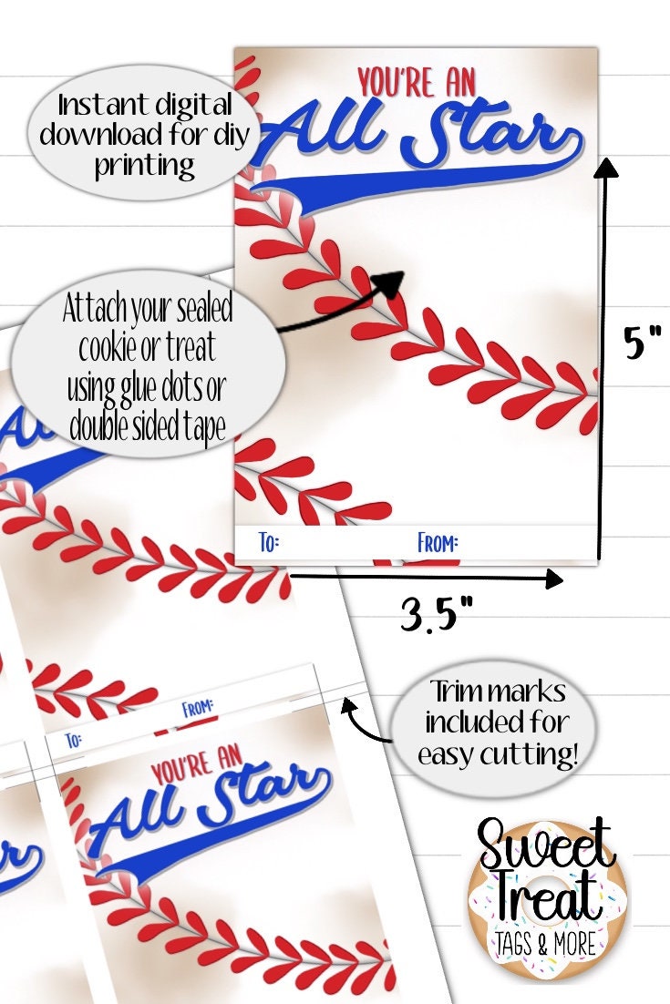 Printable Valentines Day Cookie Card - You're an All Star - 3.5x5 ...