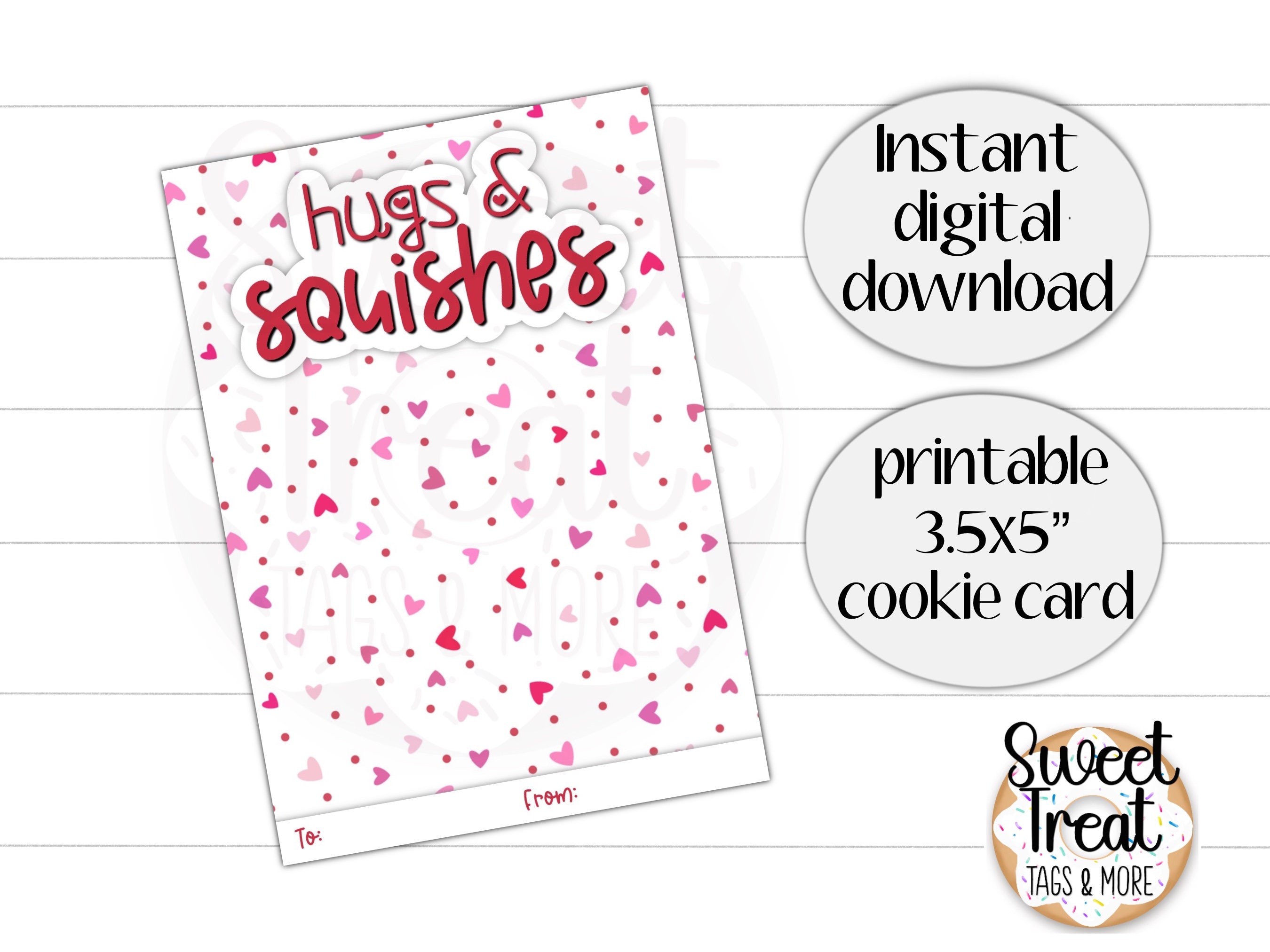 Printable Valentines Day Cookie Card Hugs and Squishes 3.5x5 Red and ...