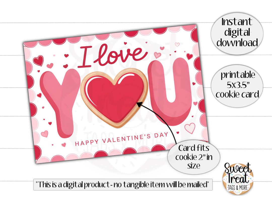 Printable Valentine's Day Cookie Card - I Love You Cookie Card - Heart ...