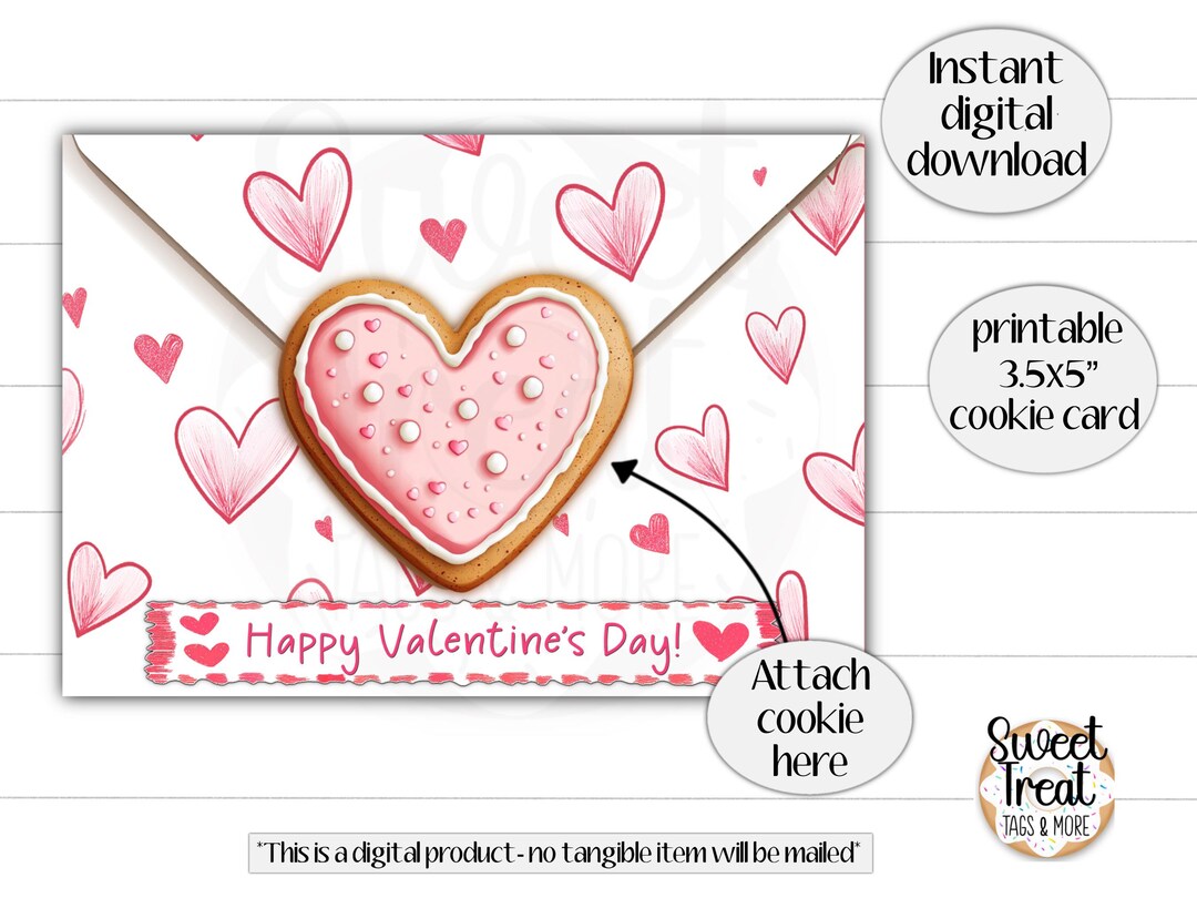Printable Valentines Day Cookie Card Envelope Cookie Card 3.5x5 Heart ...