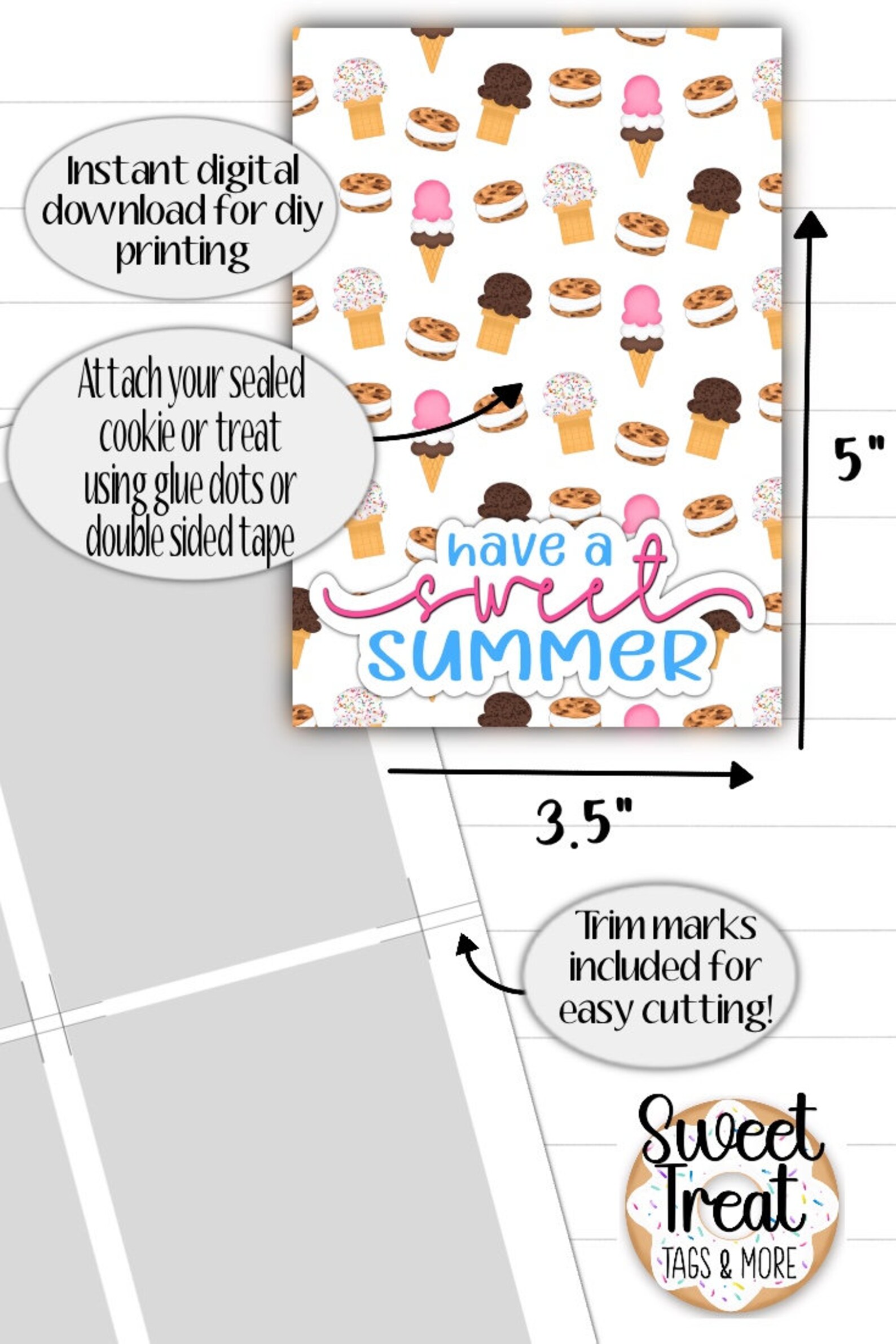 Printable Summer Cookie Card Have a Sweet Summer 3.5x5 Ice Cream Cookie ...