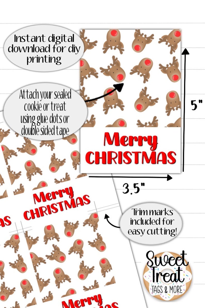 Printable Christmas Cookie Card Merry Christmas Reindeer - Etsy