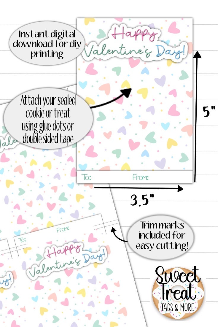 Printable Valentines Day Cookie Card Happy Valentine's Day 3.5x5 Pastel ...