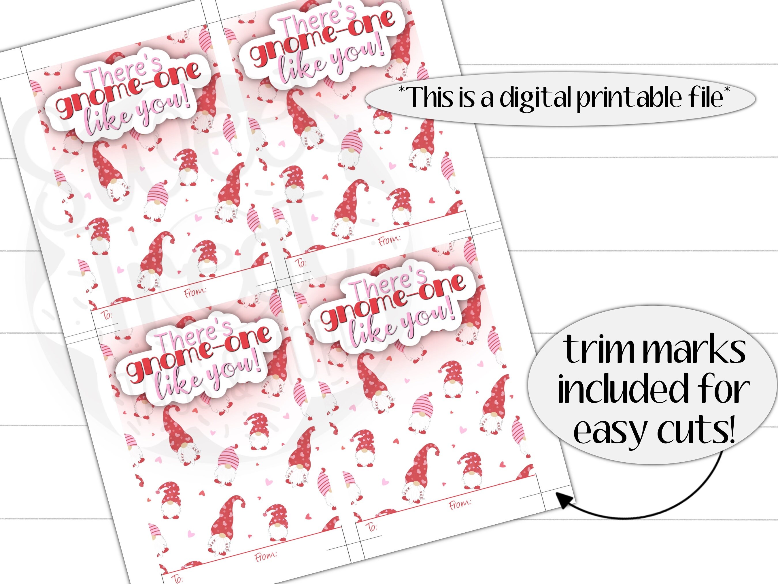 Printable Valentines Day Cookie Card There's Gnome One Like You 3.5x5 ...