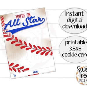 Printable Valentines Day Cookie Card You're an All Star 3.5x5 Baseball ...