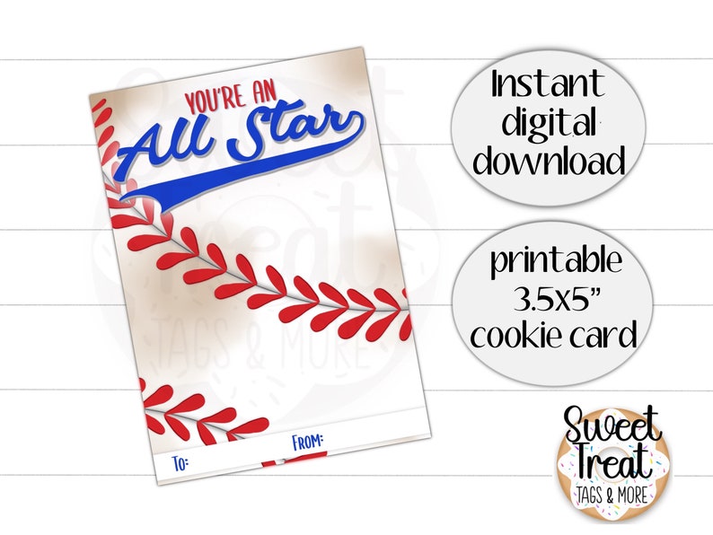 Printable Valentines Day Cookie Card You're an All Star 3.5x5 Baseball ...
