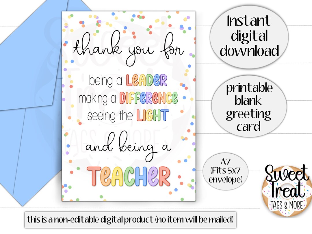 Printable Teacher Appreciation Greeting Card - 5x7"- Thank You for ...