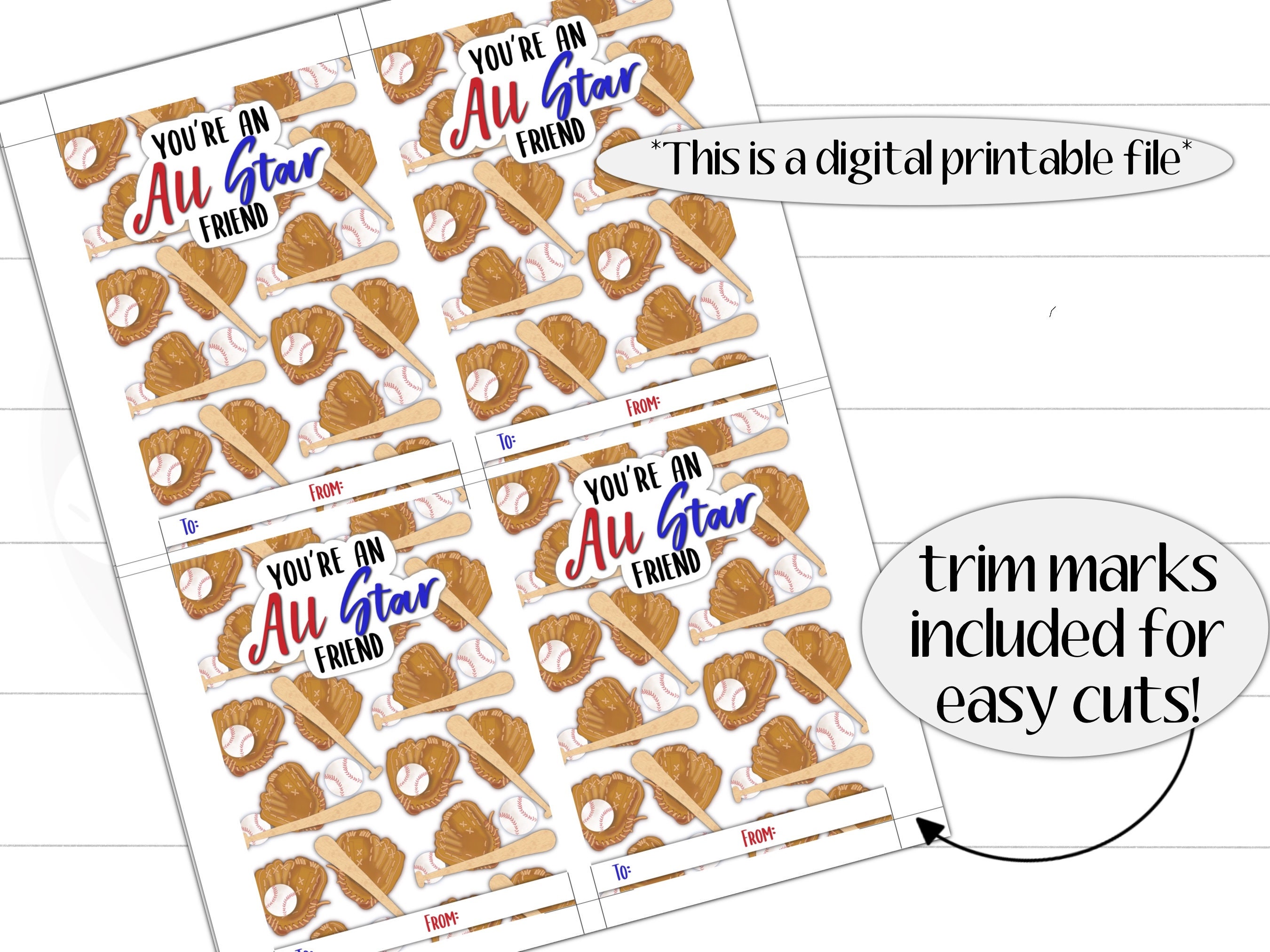 Printable Valentines Day Cookie Card All Star Friend 3.5x5 Baseball ...