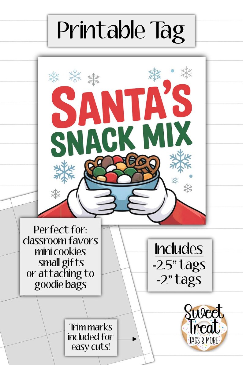 Printable Christmas Tag - Santa Snack Mix Tag - Christmas Chex Mix Tag ...