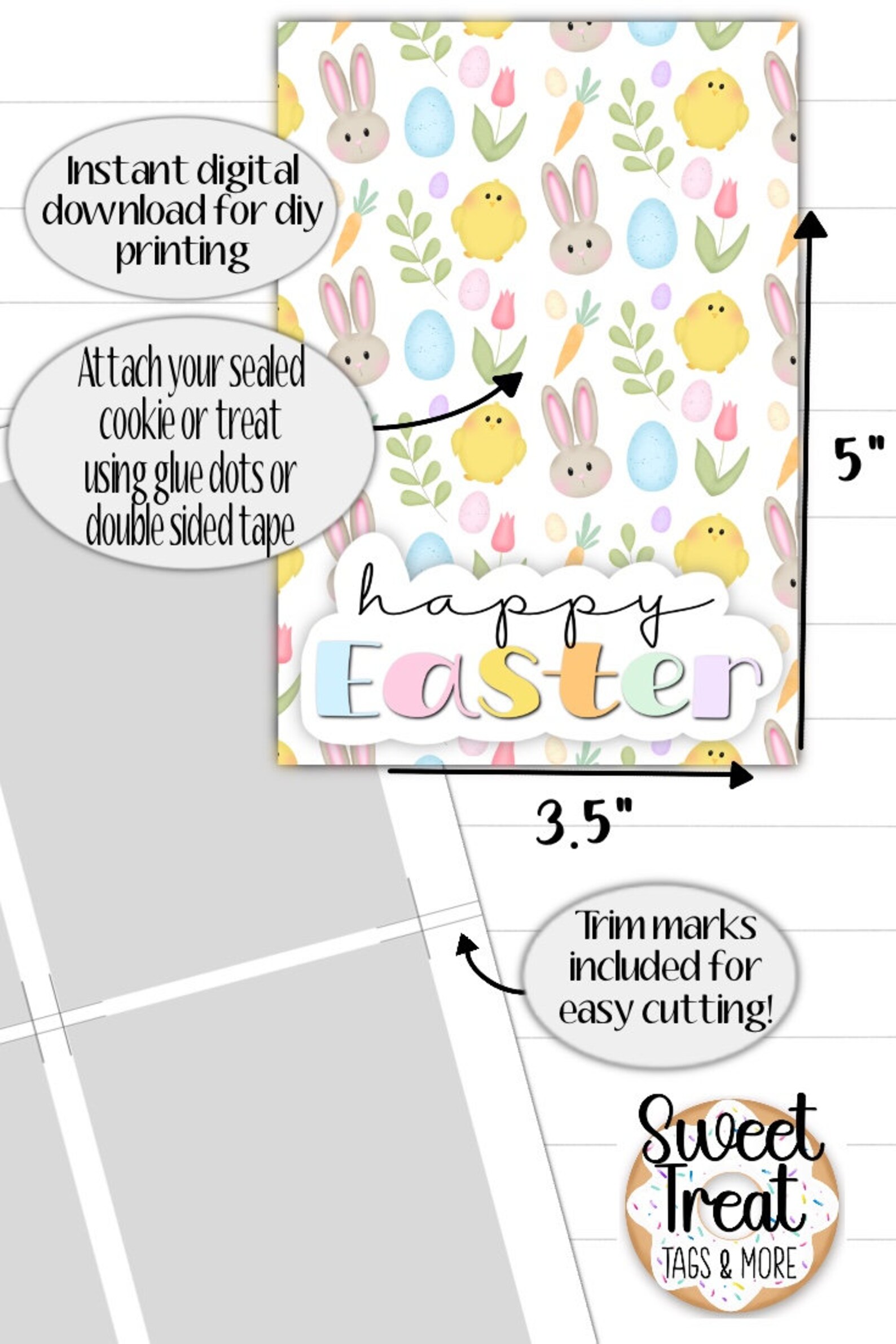 Printable Easter Cookie Card - Happy Easter - 3.5x5" Bunny, Egg, Carrot ...
