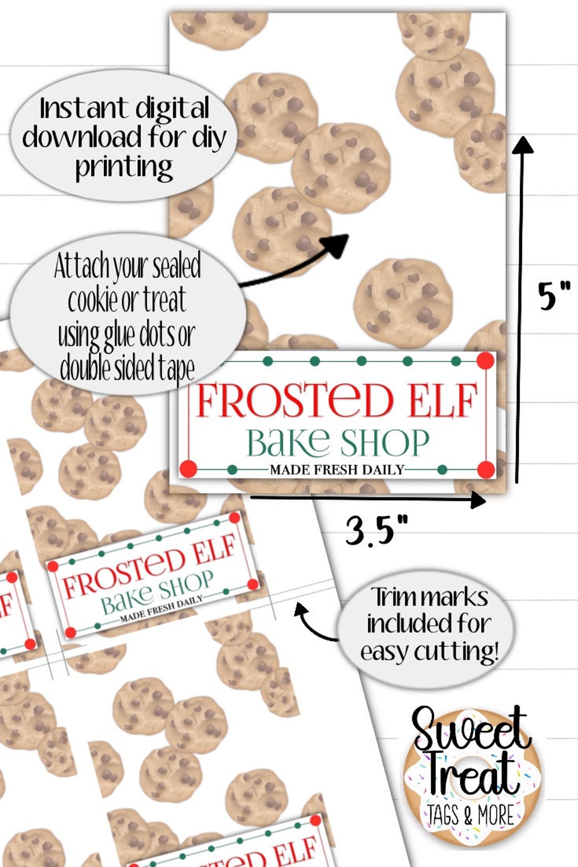 Printable Christmas Cookie Card -frosted Elf Bake Shop - Cookies 3.5x5 ...