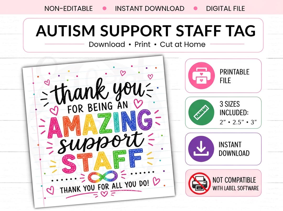 Autism Support Staff Appreciation Tag Printable, SPED Staff Thank You ...