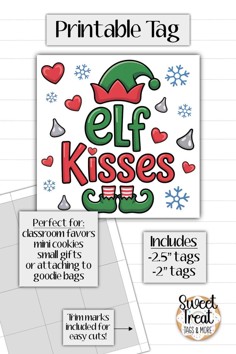 Printable Christmas Treat Tag - Elf Kisses Tag - Elf Printable - Elf ...