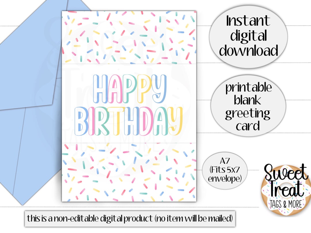 Printable Happy Birthday Greeting Card -5x7"- Blank Sprinkle Birthday ...