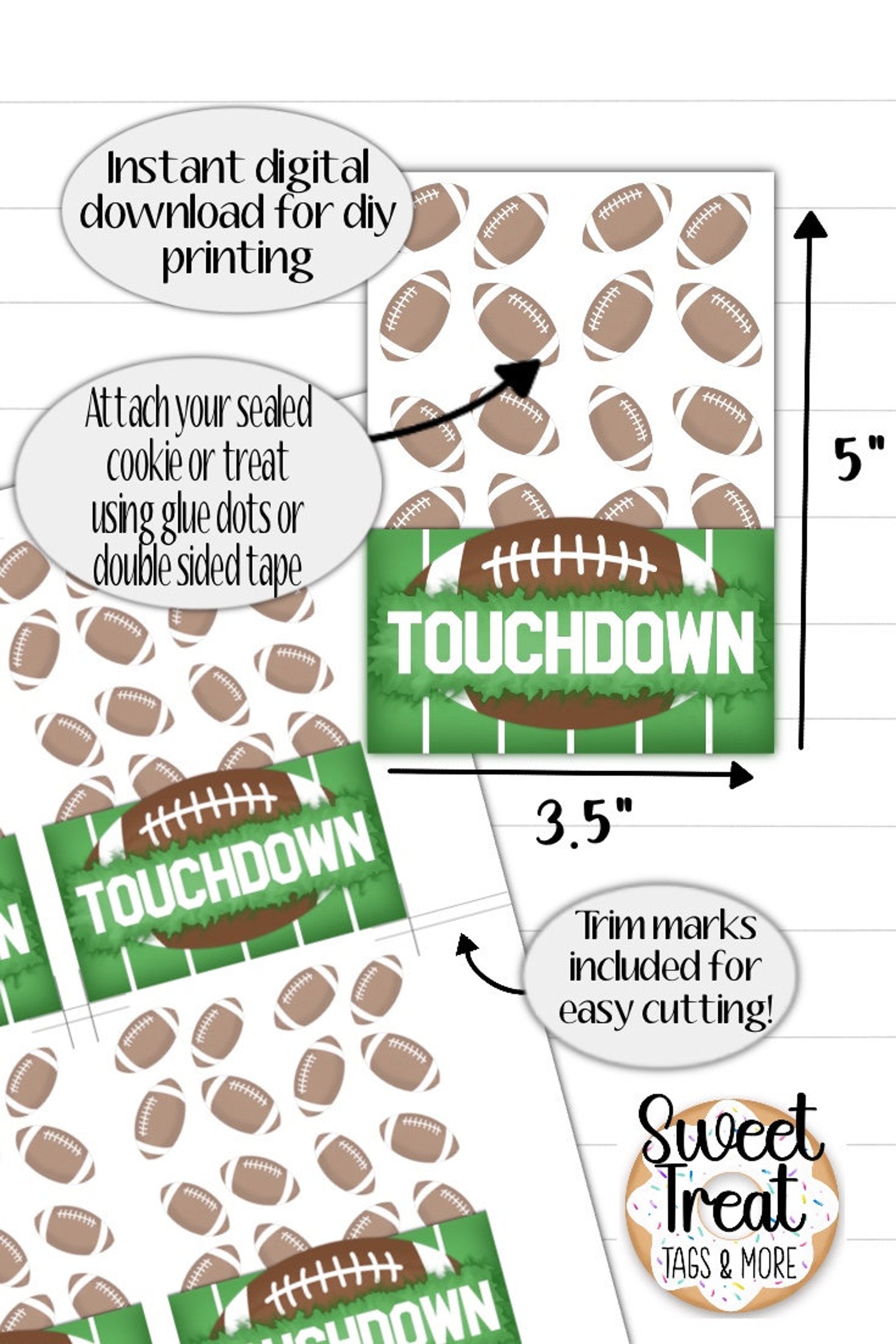 Printable Football Cookie Card Touchdown Football Treat Packaging 3.5x5 ...