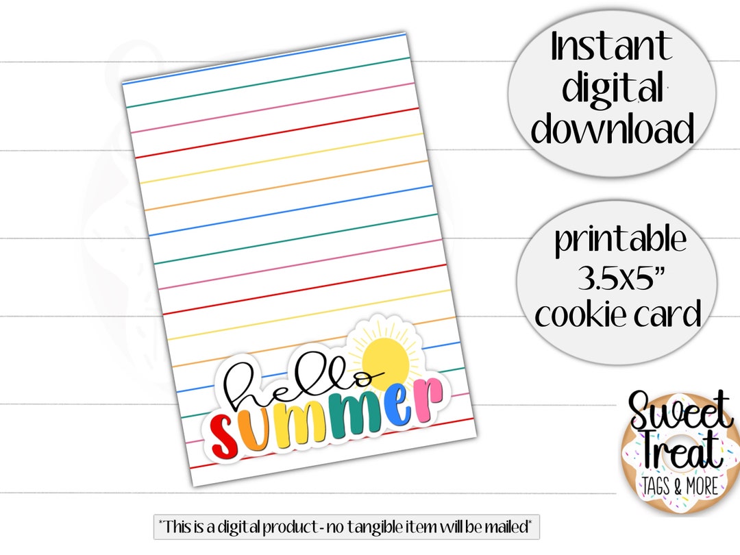Printable Summer Cookie Card - Hello Summer -3.5x5"- Summer Stripes ...