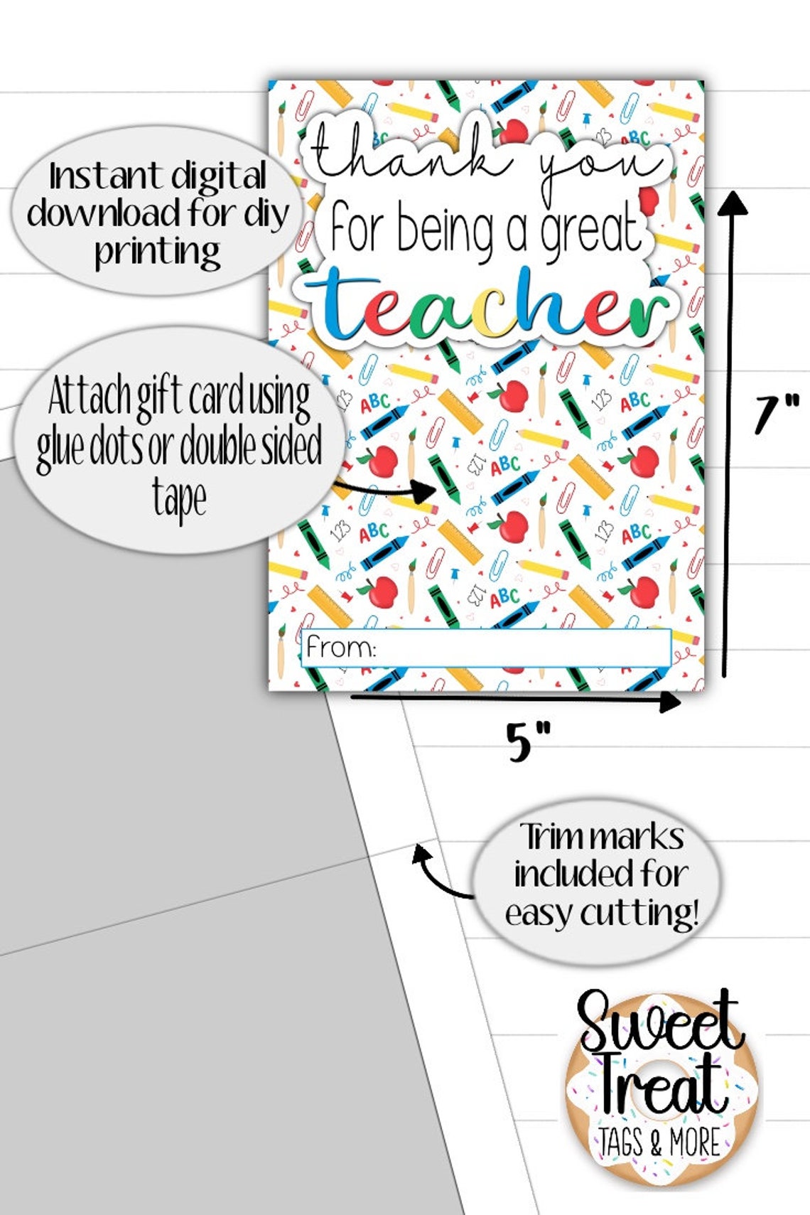 Printable 5x7 Teacher Appreciation Gift Card Holder Thank You for Being ...