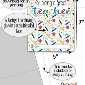 Printable 5x7" Teacher Appreciation Gift Card Holder- Thank You for ...