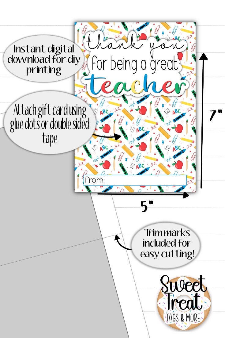 Printable 5x7 Teacher Appreciation Gift Card Holder Thank You for Being ...