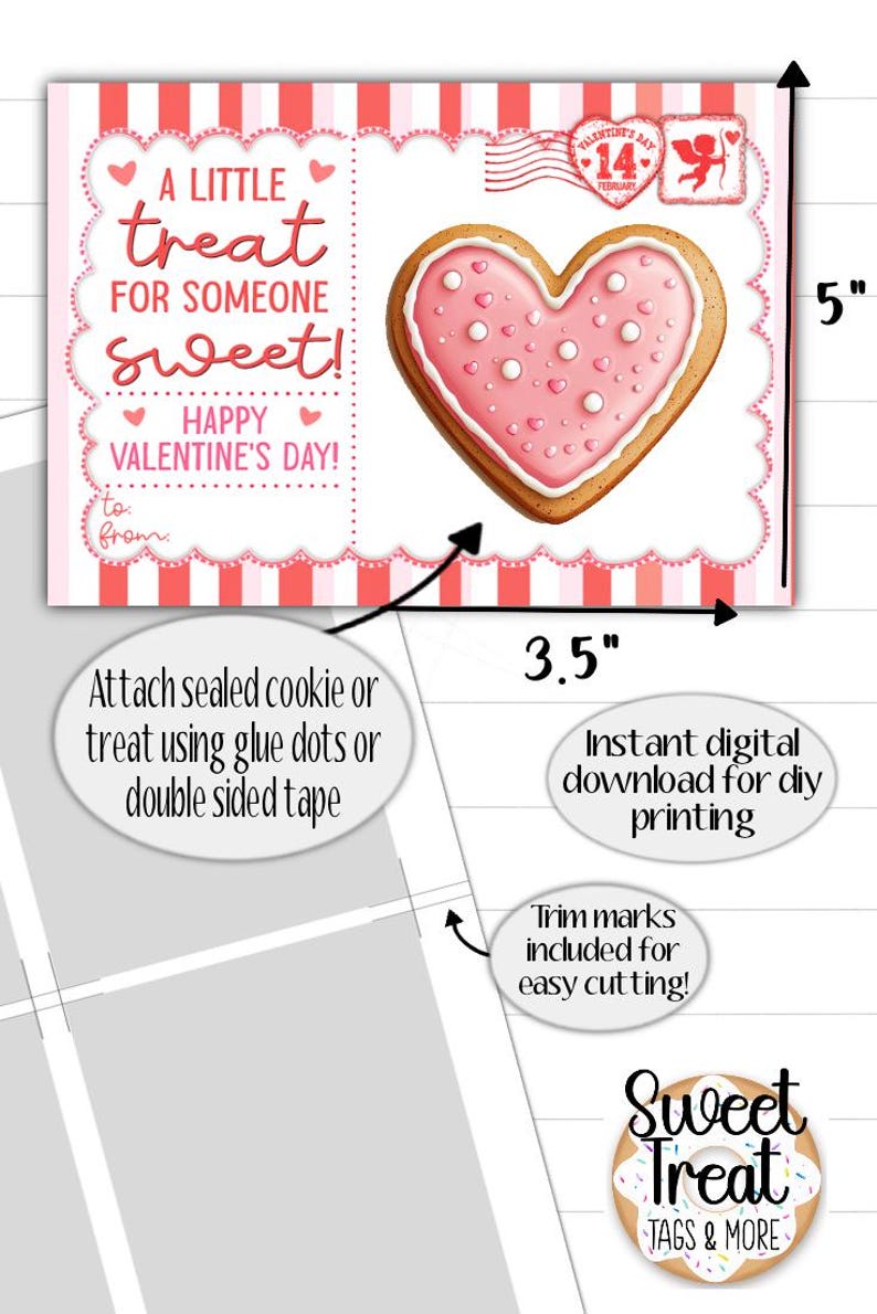 Printable Valentine’s Day Cookie Card - 3.5x5 Valentine Favor Tag for ...