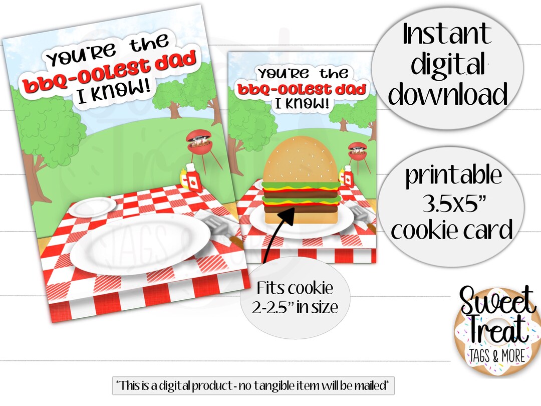 Printable Father's Day Cookie Card - Bbq-oolest Dad - 3.5x5"- Grilling ...