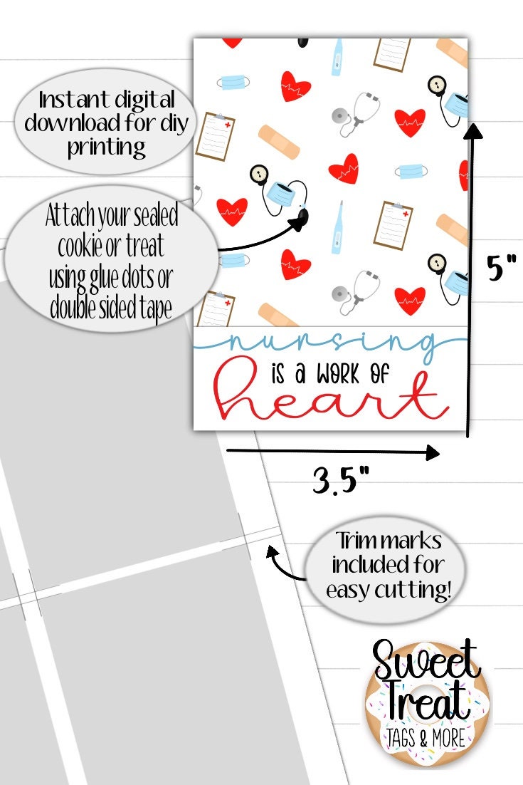 Printable Nurse Appreciation Cookie Card Nursing is a Work of Heart 3 ...