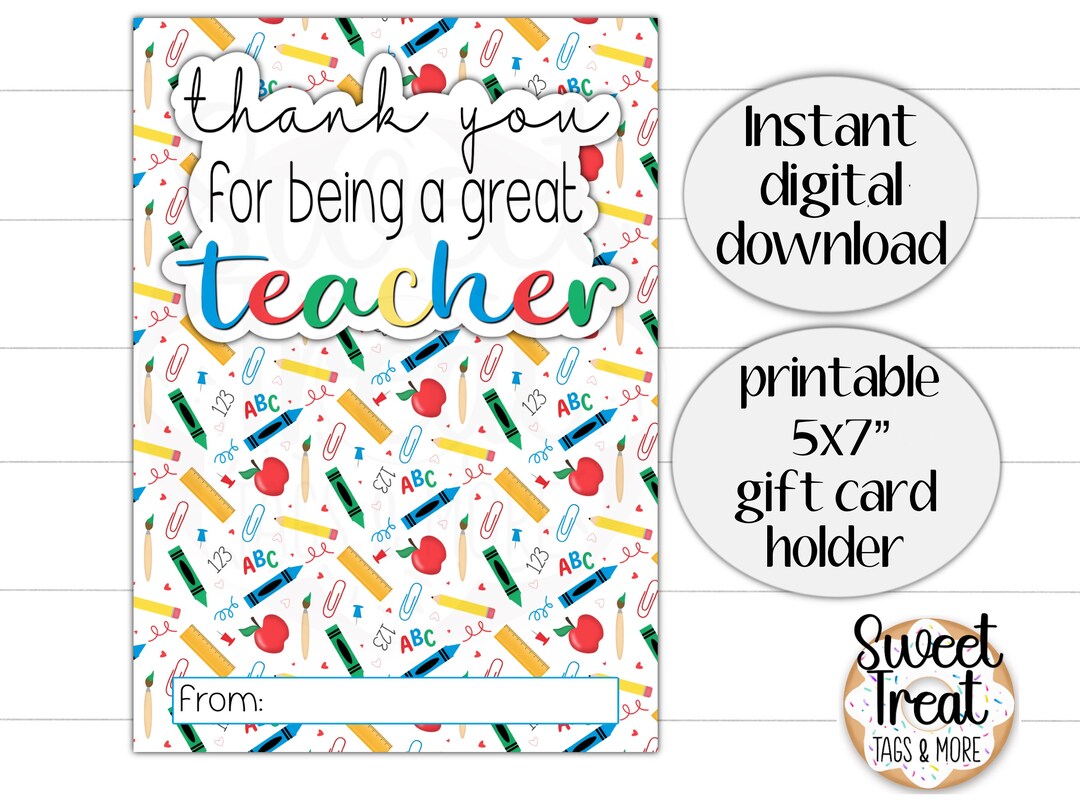 Printable 5x7" Teacher Appreciation Gift Card Holder- Thank You for ...