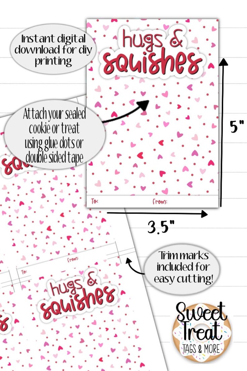 Printable Valentines Day Cookie Card - Hugs and Squishes - 3.5x5" Red ...