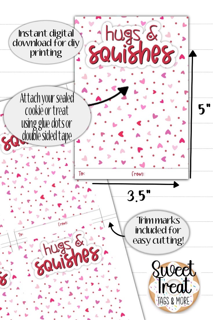 Printable Valentines Day Cookie Card Hugs and Squishes 3.5x5 Red and ...